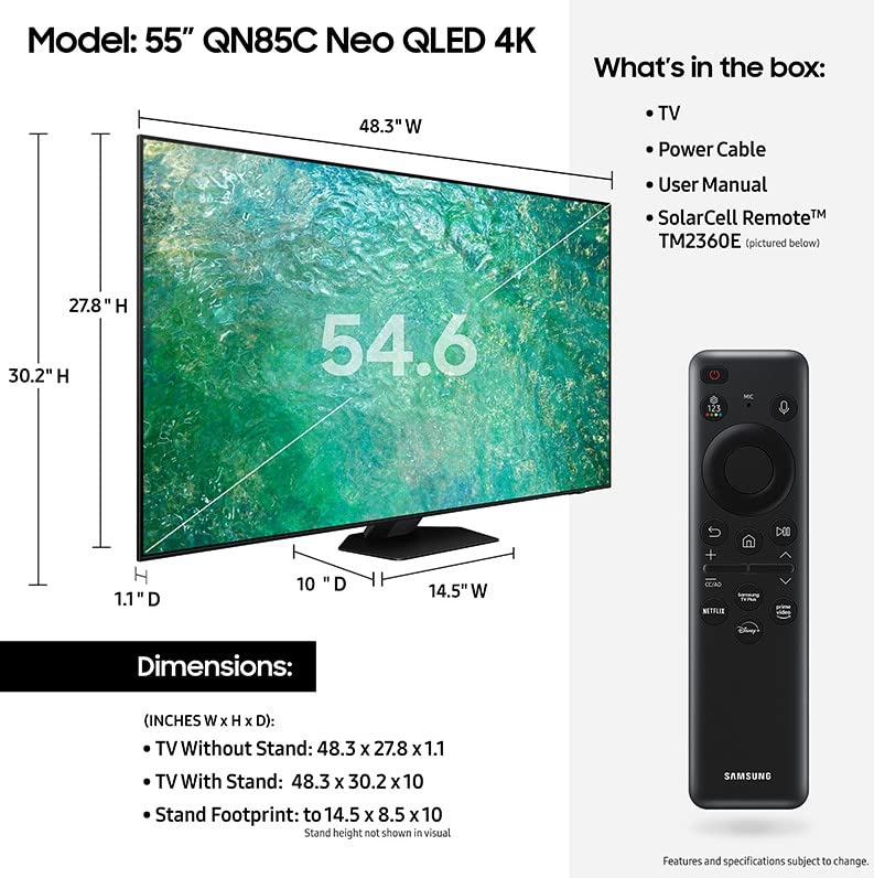 SAMSUNG 55-Inch Class Neo QLED 4K QN85C Series Neo Quantum HDR, Dolby Atmos, Object Tracking Sound, Motion Xcelerator Turbo+, Gaming Hub, Smart TV with Alexa Built-in (QN55QN85CAFXZA, 2023 Model)