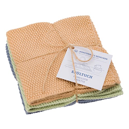 REDECKER Knitted Dish Cloth, Set of 3, Machine Washable, Orange/Green/Blue