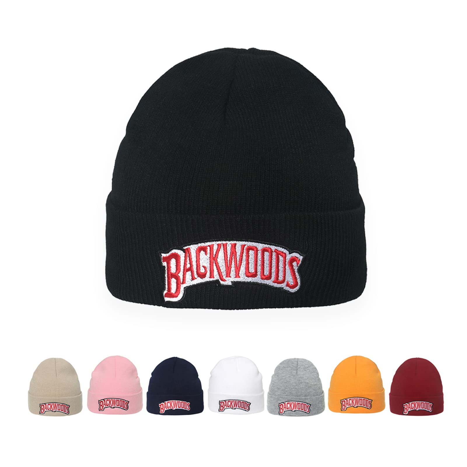 kangning 2Pack Backwoods Beanie Hat for Men Women Trendy Backwoods Cap Winter Warm Beanie Embroidered Knitted Solid Hats (One Size, Black+Pink)