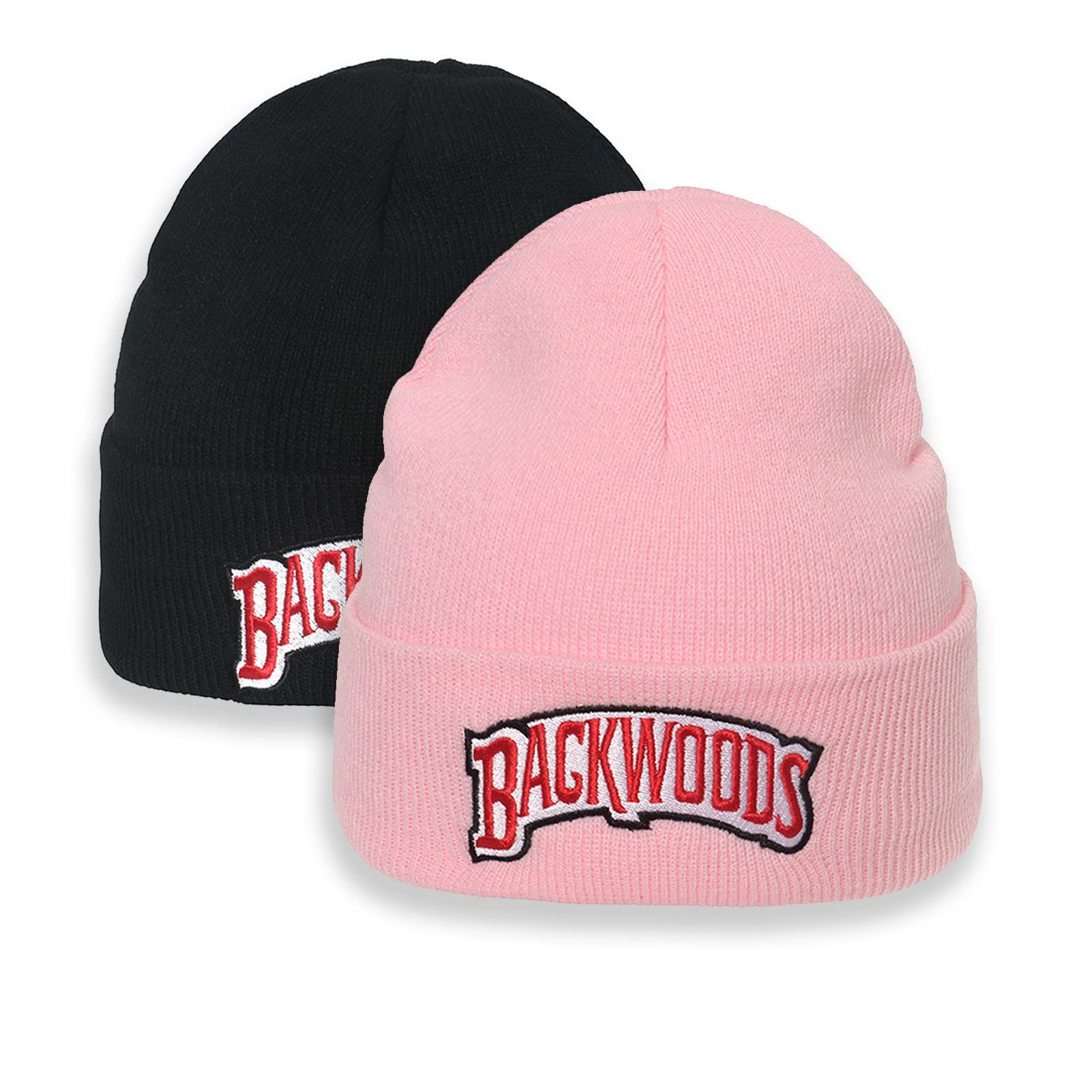 kangning 2Pack Backwoods Beanie Hat for Men Women Trendy Backwoods Cap Winter Warm Beanie Embroidered Knitted Solid Hats (One Size, Black+Pink)