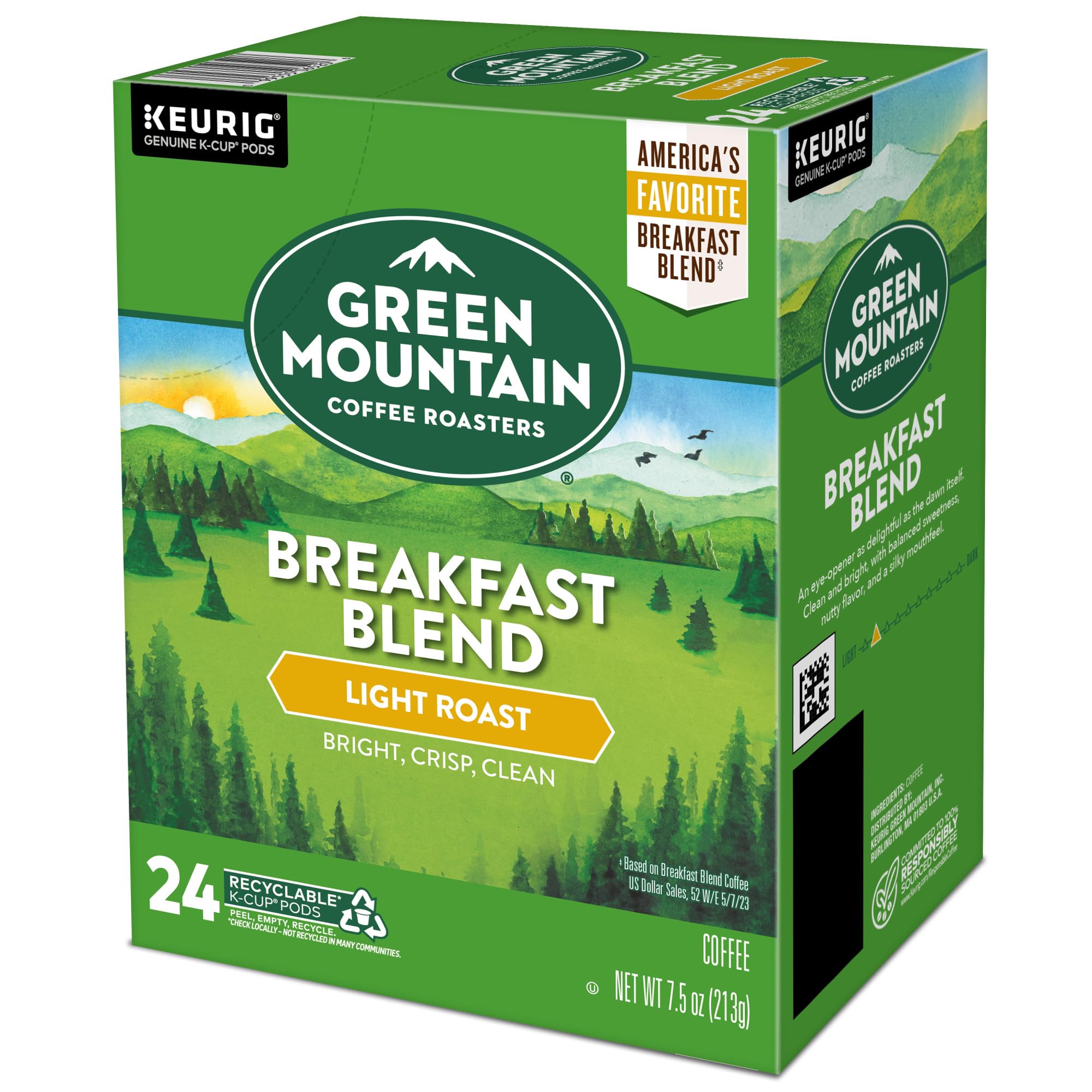 Green Mountain Coffee Roasters Breakfast Blend Single-Serve Keurig K-Cup Pods, Light Roast Coffee, 24 Count (Pack of 4)