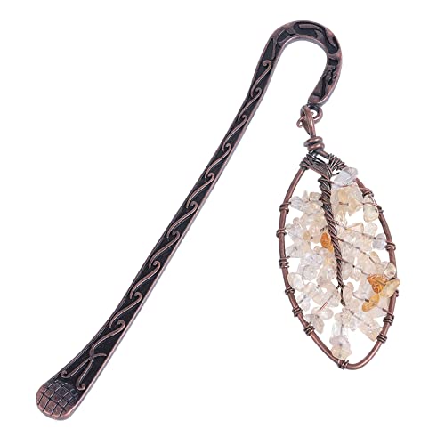 Loveliome Handmade Tumbled Gemstones Antique Copper Metal Bookmark Chakra Healing Crystals Tree of Life Charm, Citrine