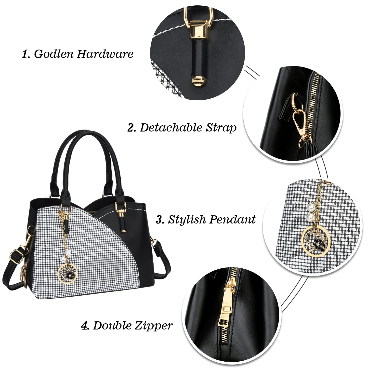 KKXIU Triple Compartments Purses and Handbags for Women Fashion Ladies Satchel Shoulder Top Handle Bag (1-Black)