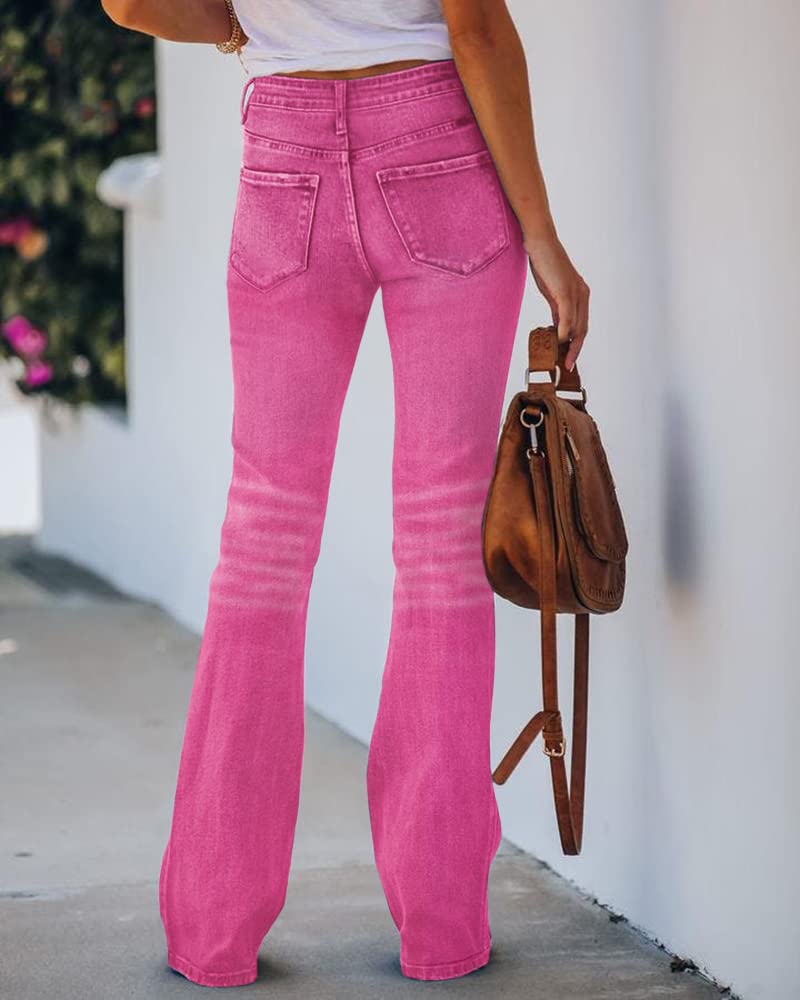 Koinshha Womens High Waisted Jeans Flare Stretch Boyfriend Casual Bootcut Denim Pants Pink