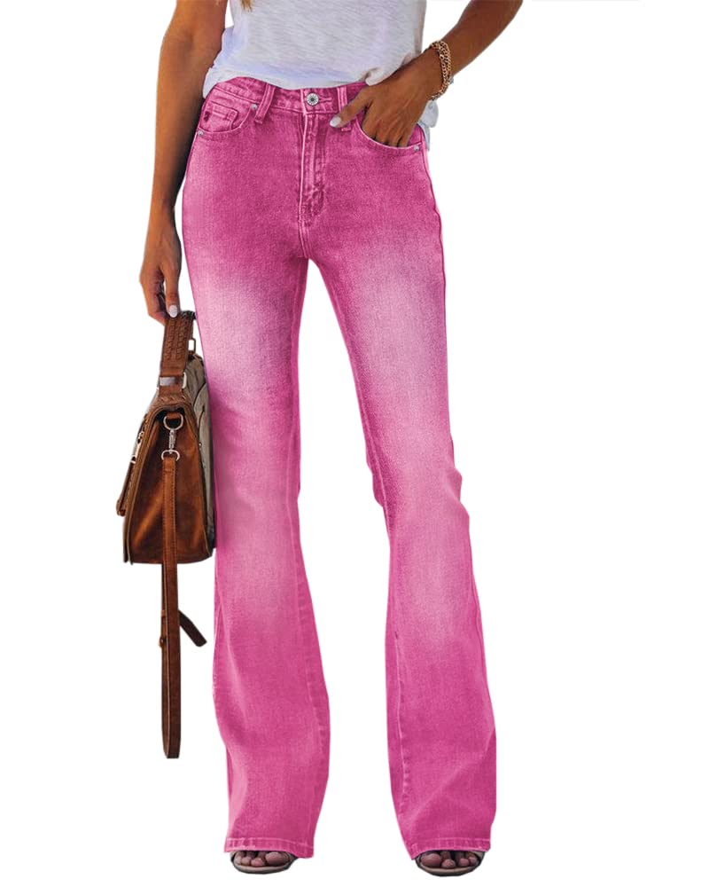 Koinshha Womens High Waisted Jeans Flare Stretch Boyfriend Casual Bootcut Denim Pants Pink