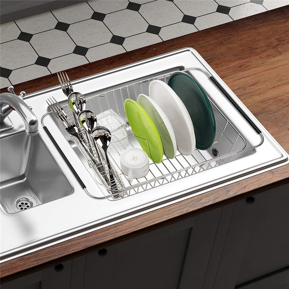 SANNO Expandable Dish Drying Rack with 4 Division Utensil Silverware Cutlery Holder,Large Dish Drainer Drain Expandable Dish Rack Shelf Dish Rack in Sink or Over Sink On Counter Stainless Steel