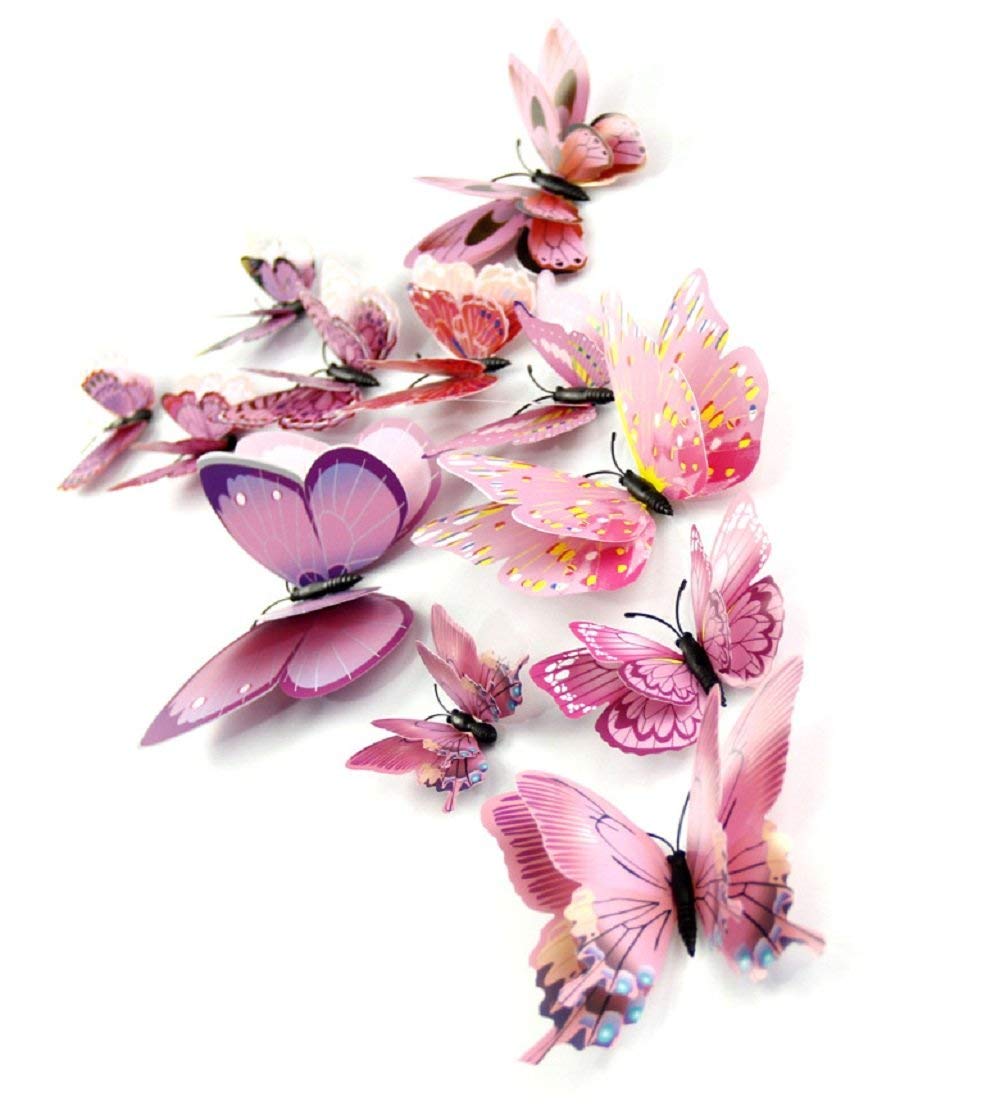 DaGou Mixed of 12PCS 3D Pink Butterfly Wall Stickers Decor Art Decorations¡­ (2*Pink)