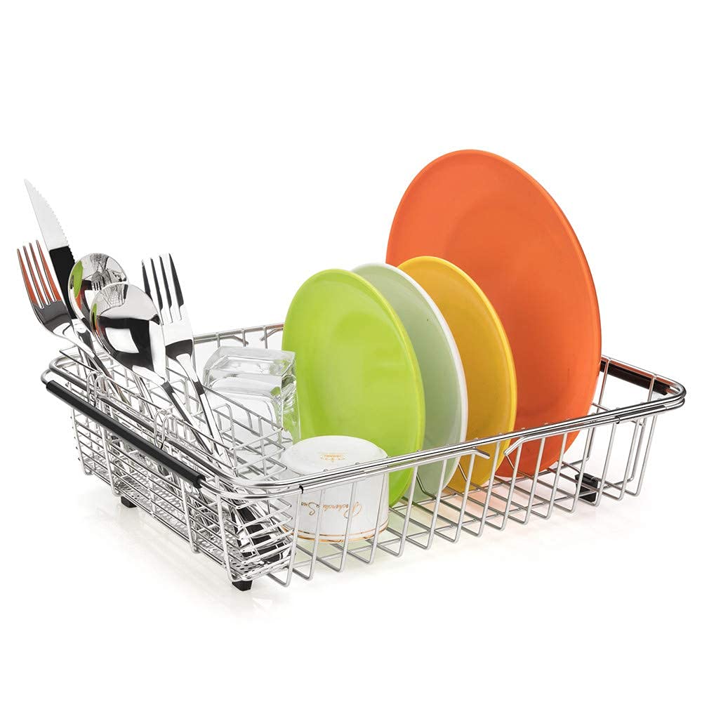 SANNO Expandable Dish Drying Rack with 4 Division Utensil Silverware Cutlery Holder,Large Dish Drainer Drain Expandable Dish Rack Shelf Dish Rack in Sink or Over Sink On Counter Stainless Steel