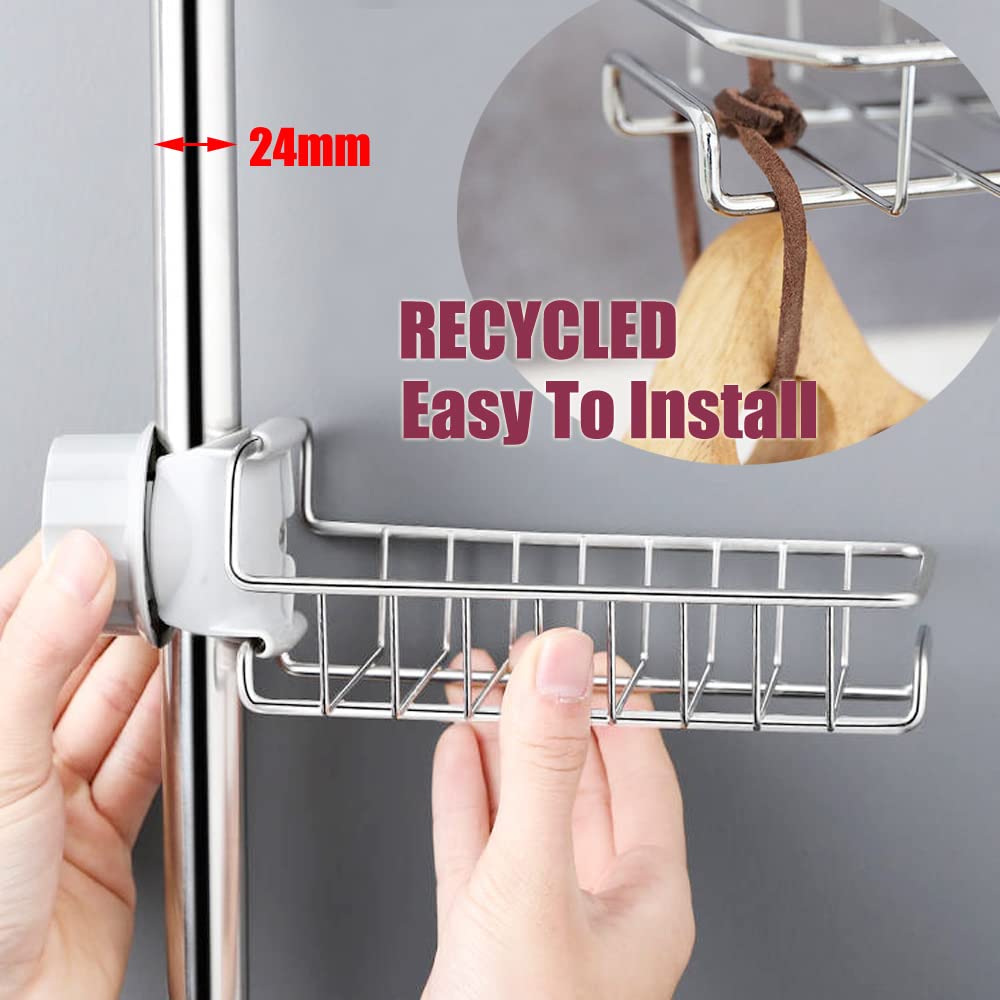 iPstyle Kitchen Sink Caddy Organizer Over Faucet Sponge Holder, Stainless Steel Heavy Duty Thickening Hanging Faucet Drain Rack for Scrubbers, Soap, Bathroom, Detachable No Suction Cup or Magnet