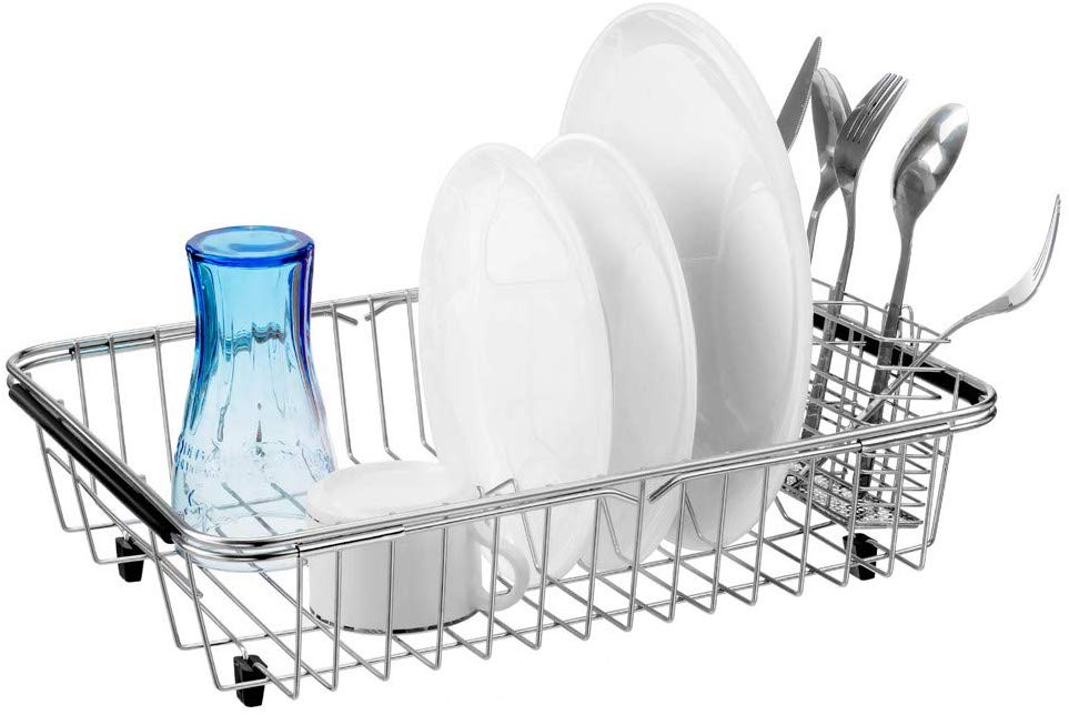 SANNO Expandable Dish Drying Rack with 4 Division Utensil Silverware Cutlery Holder,Large Dish Drainer Drain Expandable Dish Rack Shelf Dish Rack in Sink or Over Sink On Counter Stainless Steel