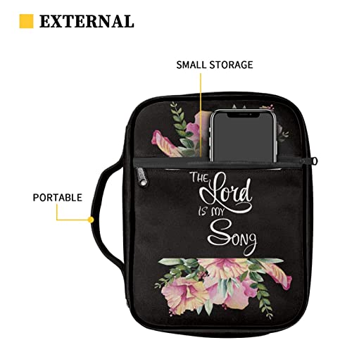 Suobstales Flower Black Pattern Bible Covers for Women Men Bible Case Bible Bag Bible Accessories with Handle and Zipper Pocket Bible Tote Bag