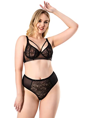 ANGABRIEL Women's Plus Size Underwire Bra Non-Padded Sheer 3/4 Cup Bra Strappy Lace Bra for Big Busted Women (k, 40, Big, Black)