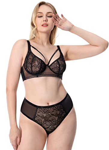 ANGABRIEL Women's Plus Size Underwire Bra Non-Padded Sheer 3/4 Cup Bra Strappy Lace Bra for Big Busted Women (k, 40, Big, Black)
