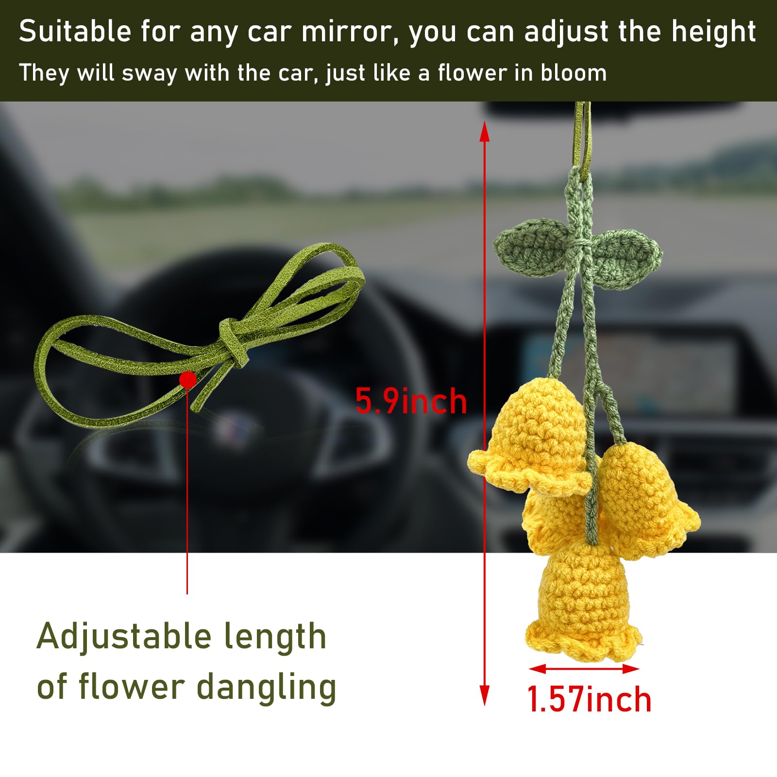 Kewucn Car Mirror Hanging Accessories, Bellflower Hand Knitted Auto Pendant, Vehicle Rear View Mirror Hanging Ornament Decoration, Suitable for Car, Handbag, Backpacks, Keychain (Yellow)