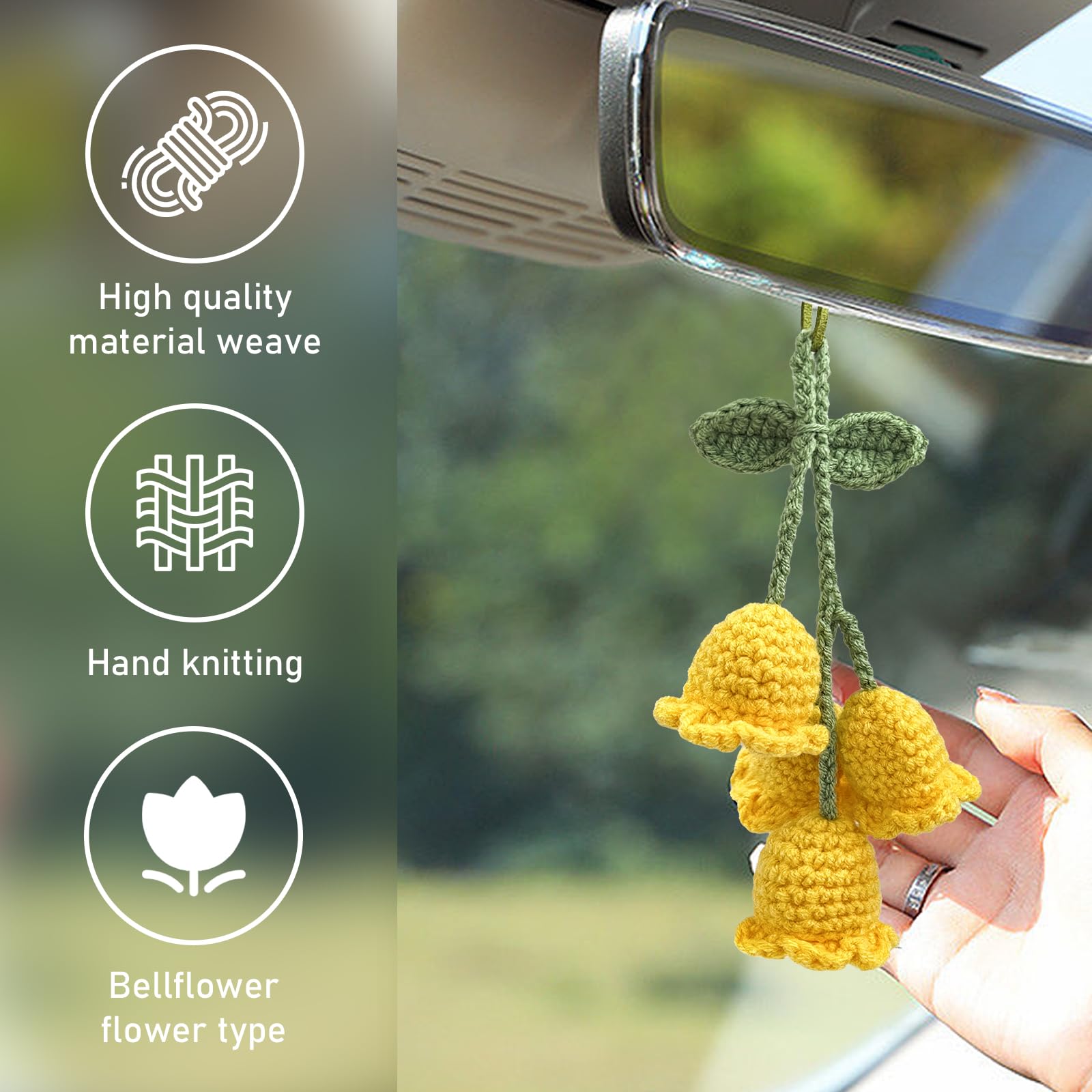 Kewucn Car Mirror Hanging Accessories, Bellflower Hand Knitted Auto Pendant, Vehicle Rear View Mirror Hanging Ornament Decoration, Suitable for Car, Handbag, Backpacks, Keychain (Yellow)