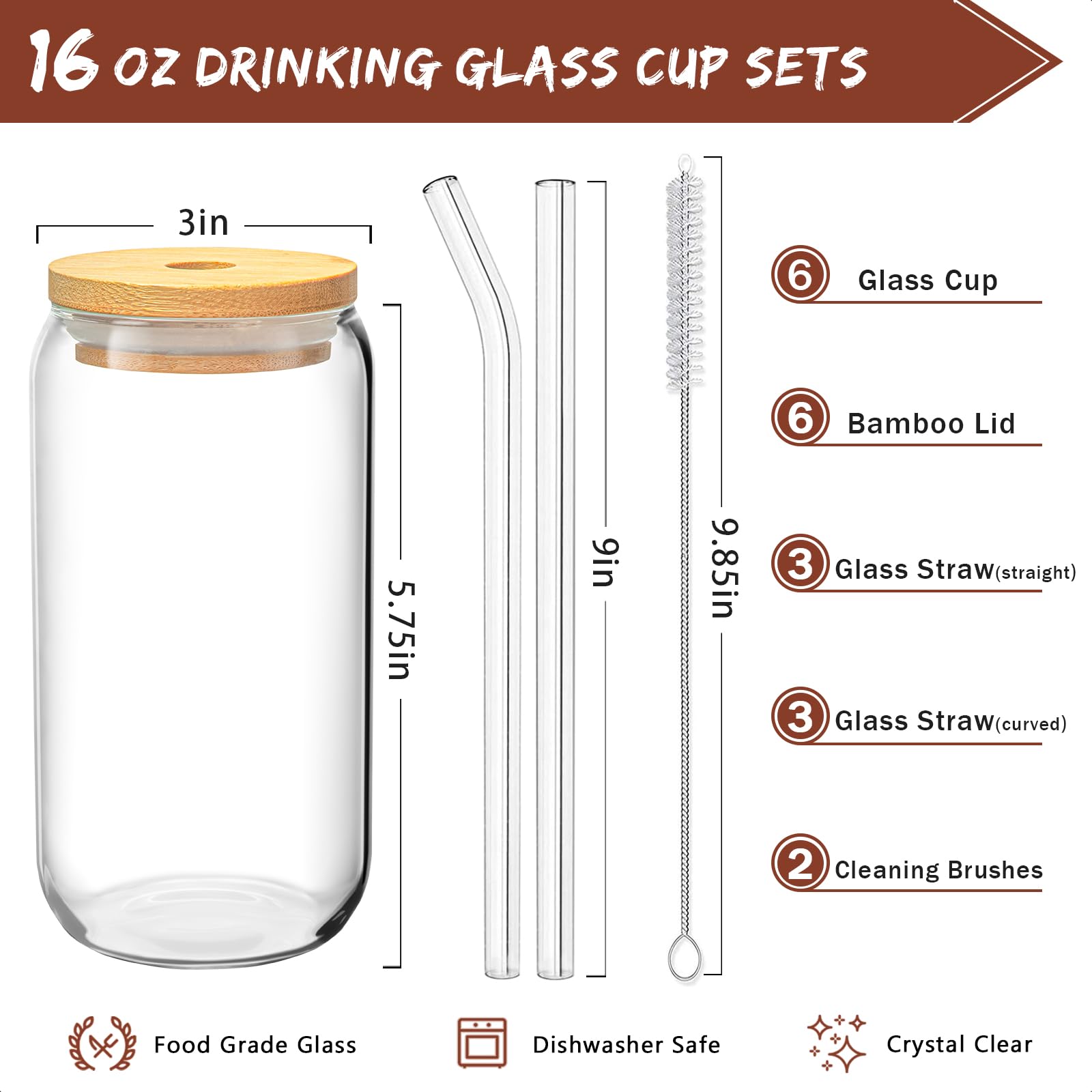 6 Pcs Drinking Glasses with Bamboo Lids and Glass Straw - 16 Oz Can Shaped Glass Cups Beer Glasses Ice Coffee Glasses Cute Tumbler Cup Great for Soda Boba Tea Cocktail Include 2 Cleaning Brushes