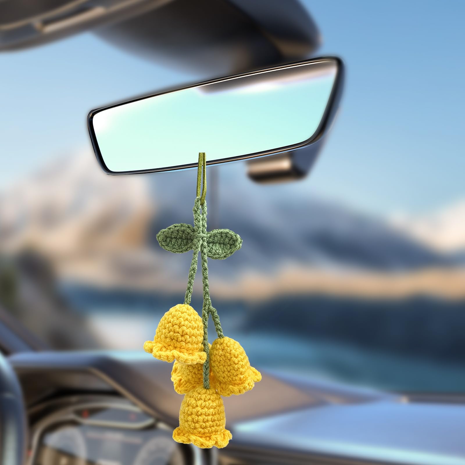 Kewucn Car Mirror Hanging Accessories, Bellflower Hand Knitted Auto Pendant, Vehicle Rear View Mirror Hanging Ornament Decoration, Suitable for Car, Handbag, Backpacks, Keychain (Yellow)