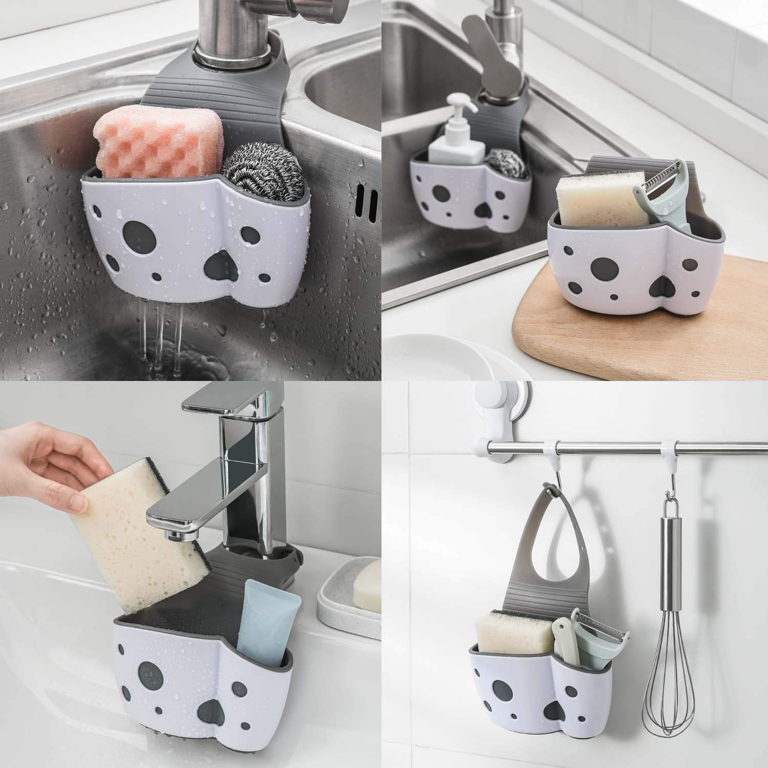 UNIKON 2 Pack Sink Caddy Sponge Holder Sink Sponge Organizer, Hanging Kitchen Adjustable Strap Faucet Caddy, White