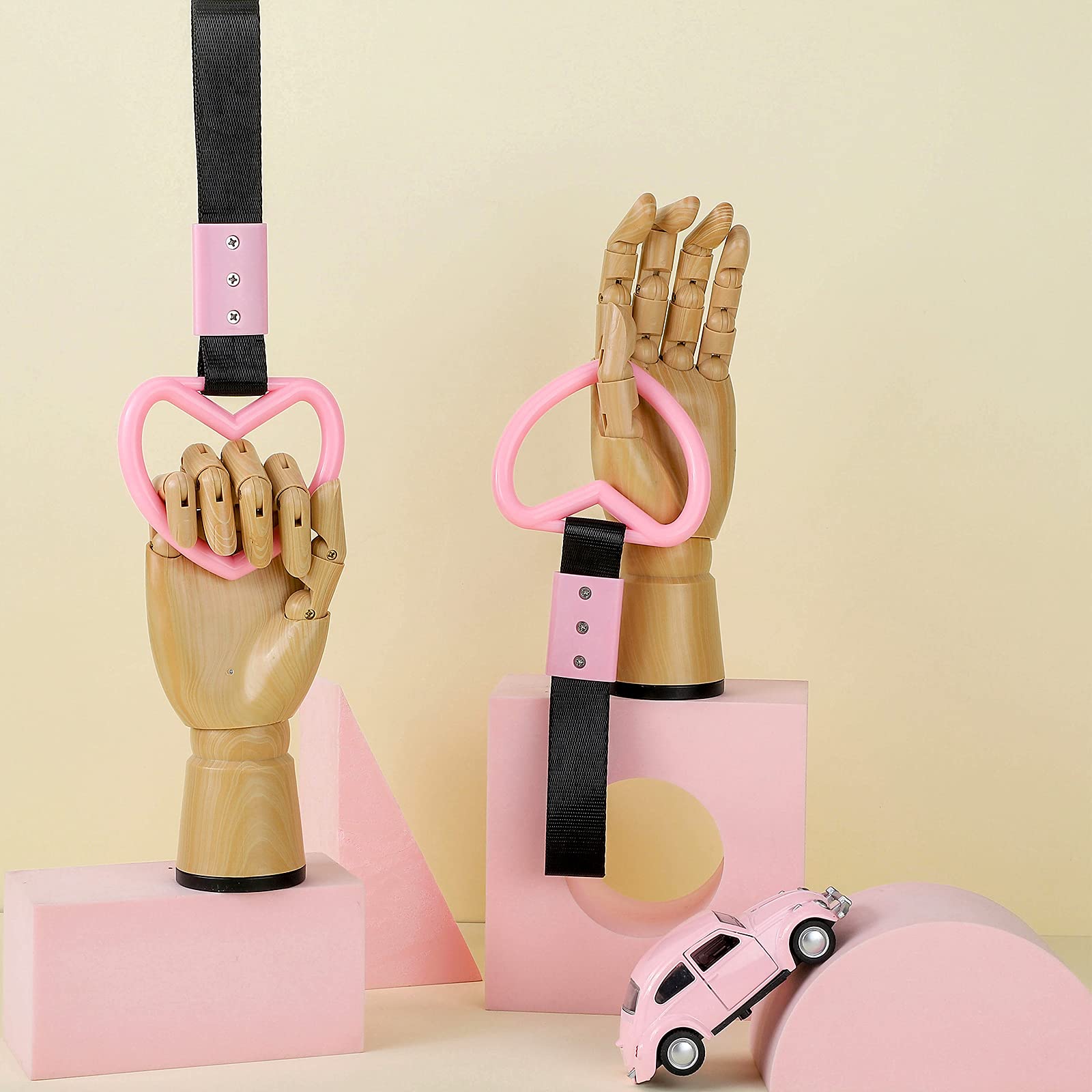 4 Pieces Rings Heart Shaped Car Handle Straps Bumper Warning Ring Decor Subway Bus Heart Handle for Car Interior (Pink)