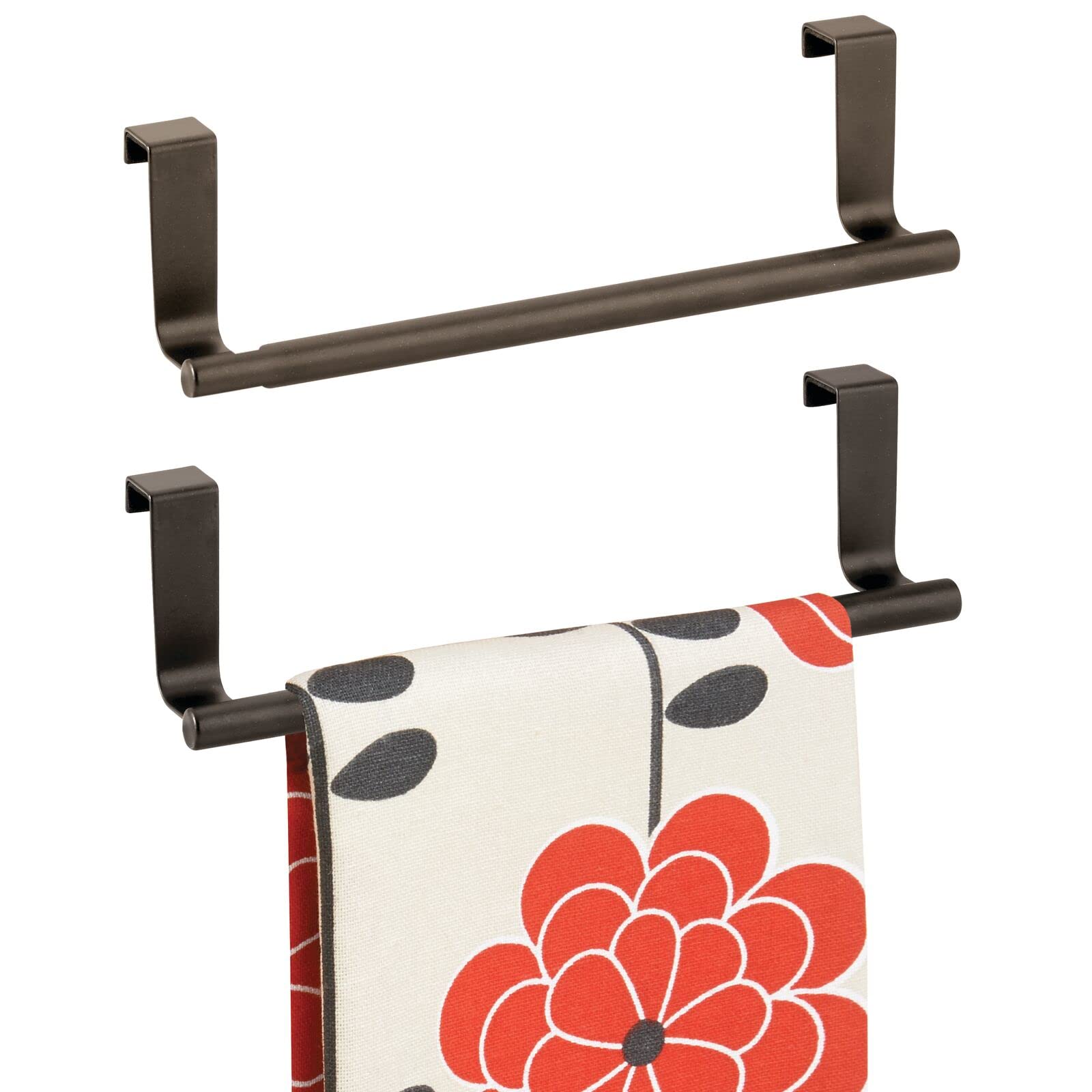 mDesign Metal Over Kitchen Cabinet Door Towel Bar Holder for Hand, Dish, and Tea Towel Rack - Over the Door Towel Bar- Hang Inside or Outside Doors - Kitchen Organizer, Omni Collection, 2 Pack, Bronze