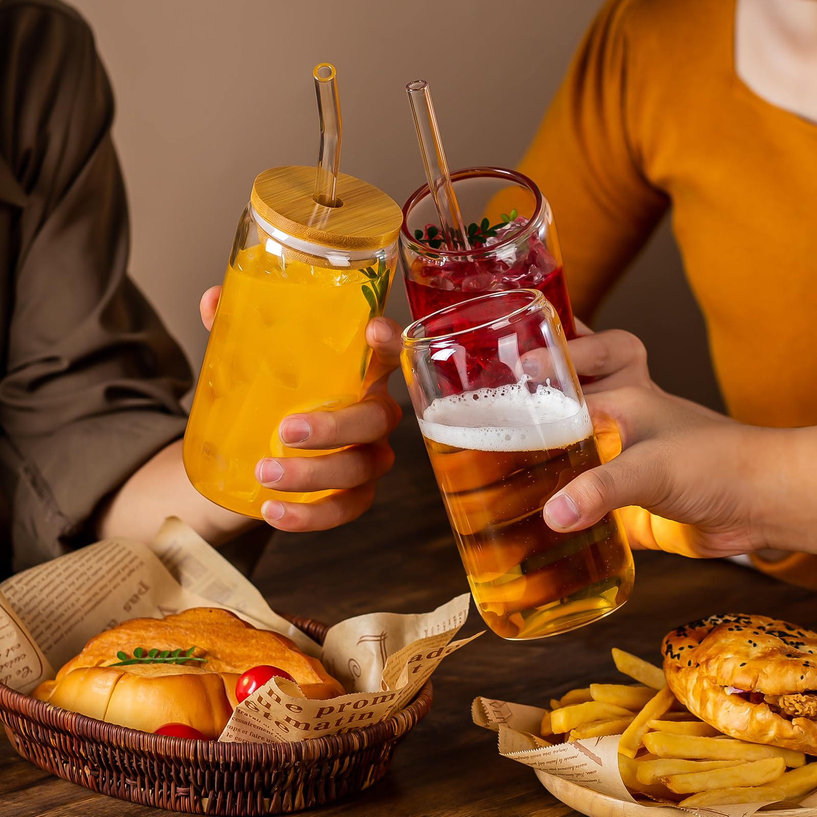 6 Pcs Drinking Glasses with Bamboo Lids and Glass Straw - 16 Oz Can Shaped Glass Cups Beer Glasses Ice Coffee Glasses Cute Tumbler Cup Great for Soda Boba Tea Cocktail Include 2 Cleaning Brushes