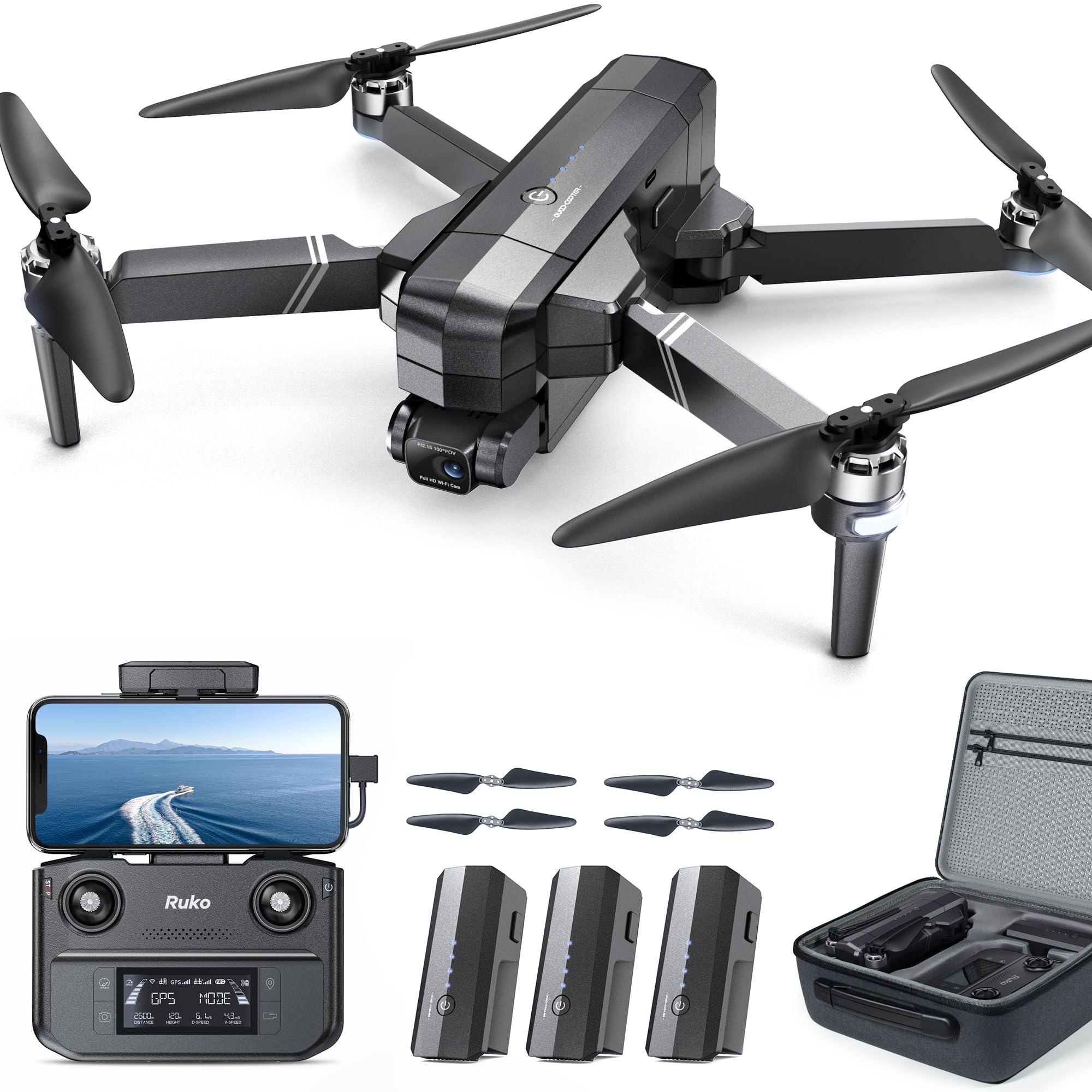 Ruko F11GIM2 Drone with 3 Batteries and Spare Gears, Auto to Home, Brushless Motor, 6-Level Wind Resistance