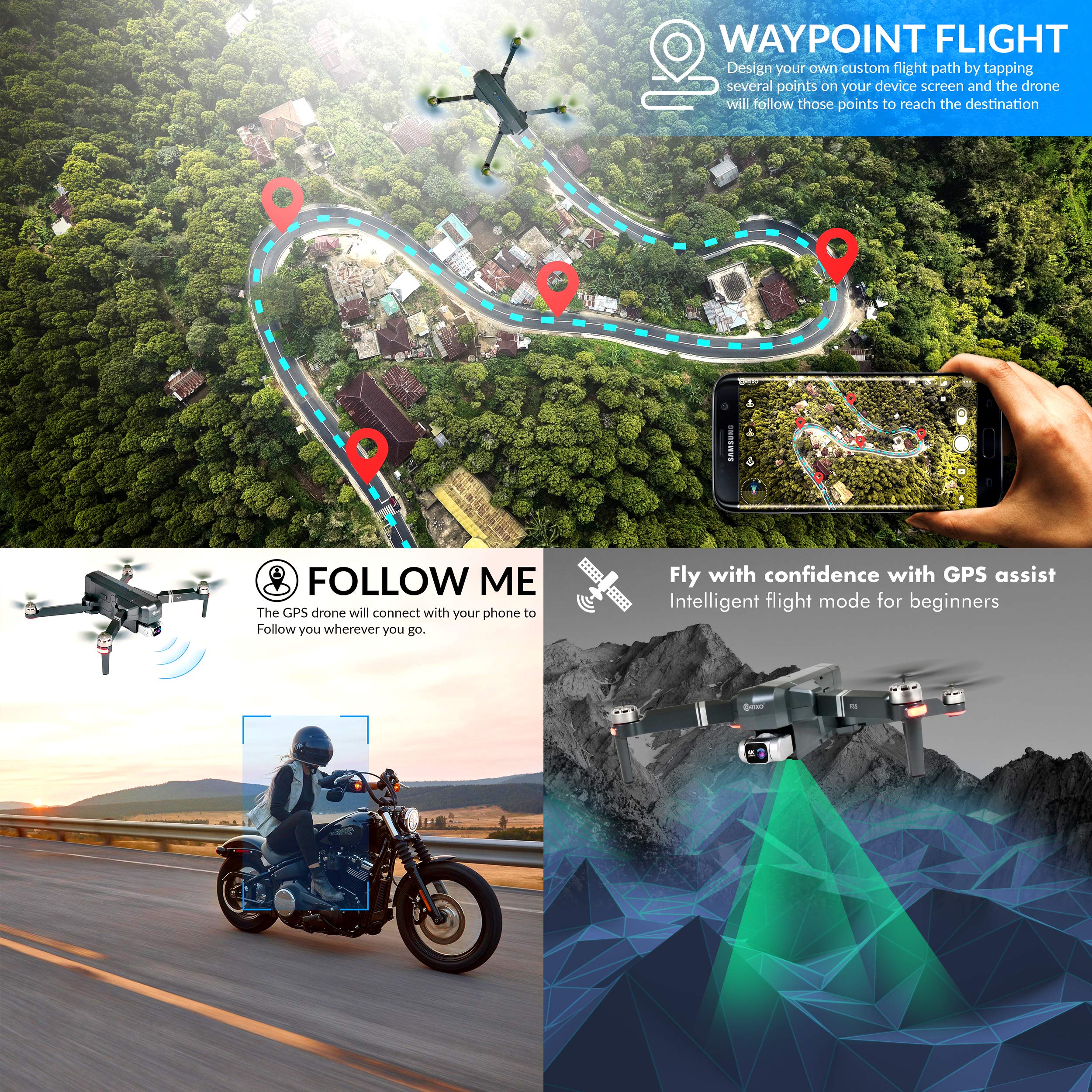 Contixo F35 GPS Drone with 4K UHD Camera 2-Axis Self stabilizing Gimbal 5G WiFi FPV RC Quadcopter Brushless Drone for Adults, Bonus 64GB SD Card Carrying Case