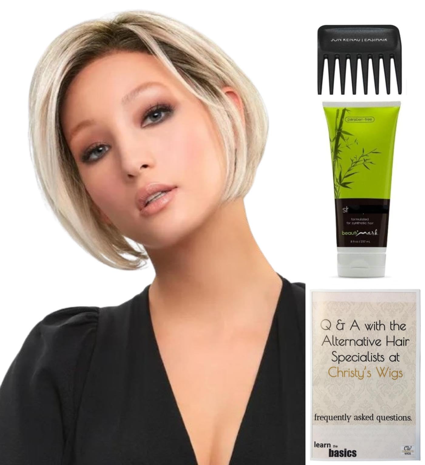 Bundle - 4 items: Ignite Wig by Jon Renau, Christy's Wigs Q & A Booklet, BeautiMark Synthetic Shampoo & Wide Tooth Comb - Color: 24BT18S8