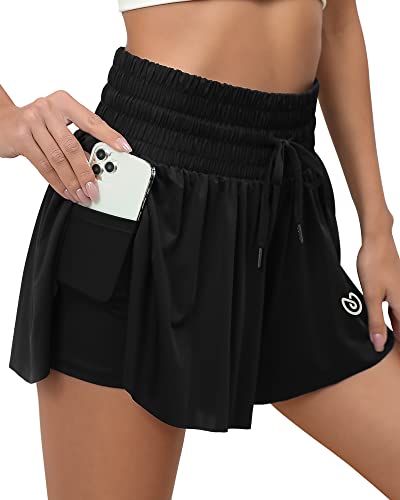High Waisted 2 in 1 Flowy Butterfly Running Shorts, Women Athletic Shorts with Pockets Gym Yoga Tennis Shorts Teen Girls-(Black,XL)