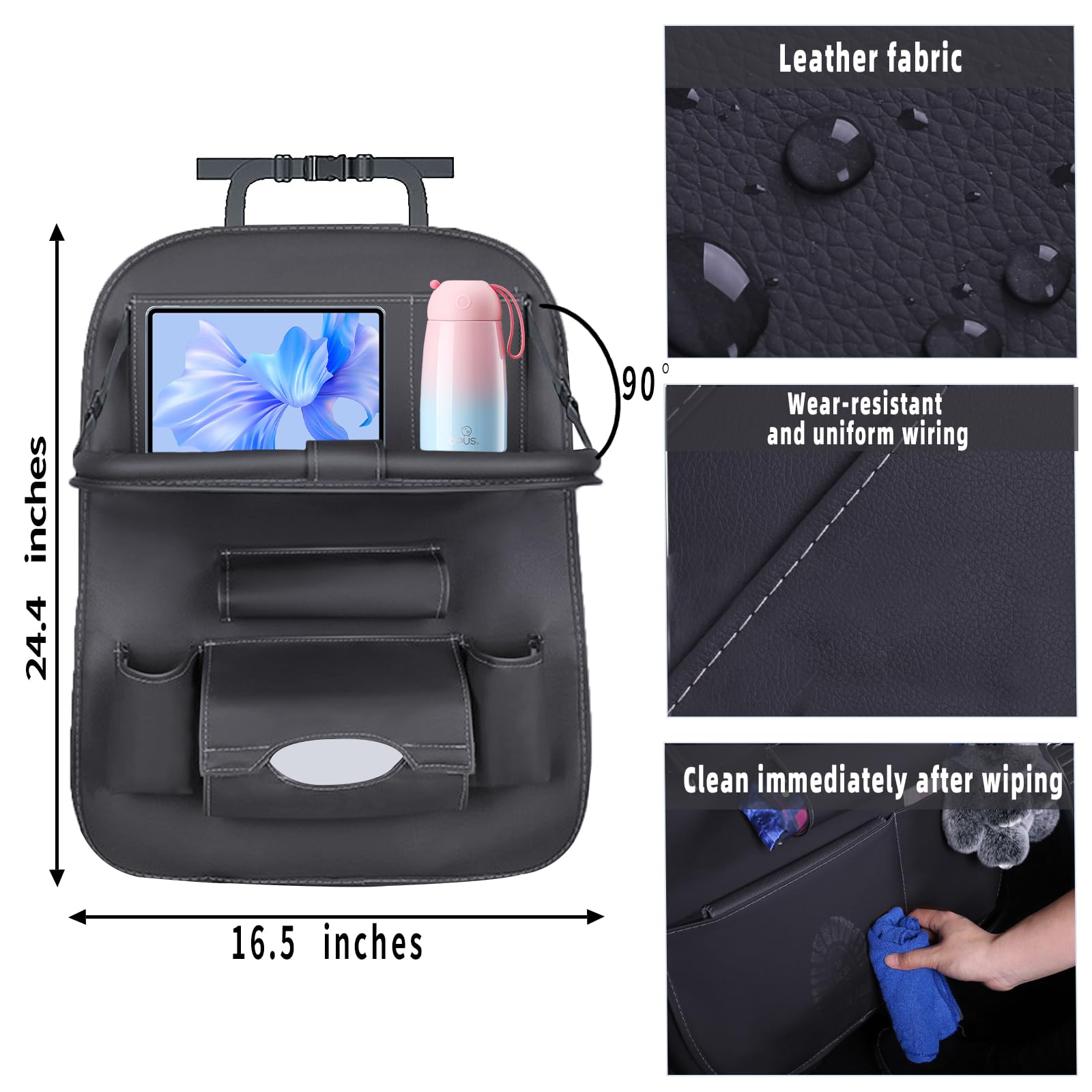SHOFOYOC 2 Pack Car Backseat Organizer with Tablet Holder,Foldable PU Leather Car Back Seat Table Tray,Kick Mats BackSeat Storage Bag,9 Storage Pockets Seat Back Protectors for Toys Drinks Books Pens