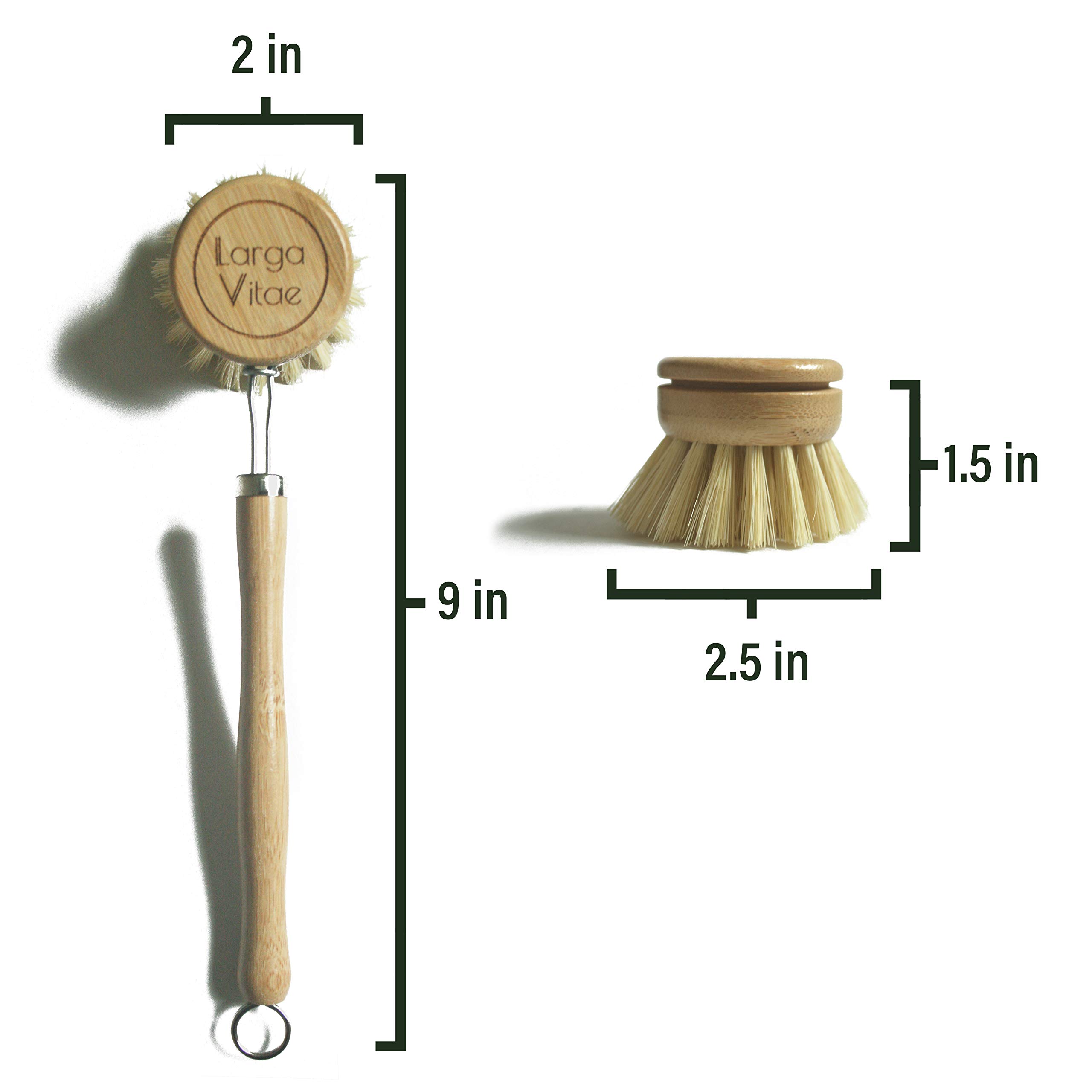 Larga Vitae Wooden Dish Brush Made of Renewable Bamboo Wood and Natural Bristle Tampico Fiber, includes 5 Replacement Brush Heads, Durable, Long Lasting, All Purpose Kitchen Scrubber