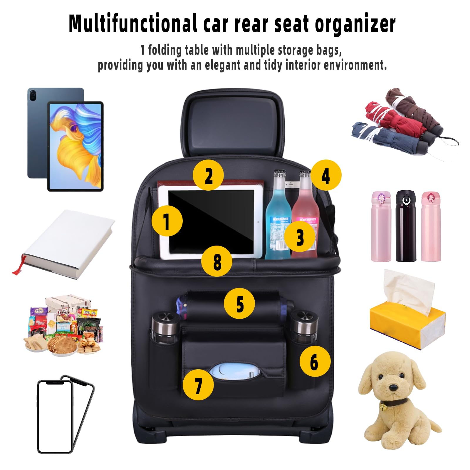 SHOFOYOC 2 Pack Car Backseat Organizer with Tablet Holder,Foldable PU Leather Car Back Seat Table Tray,Kick Mats BackSeat Storage Bag,9 Storage Pockets Seat Back Protectors for Toys Drinks Books Pens