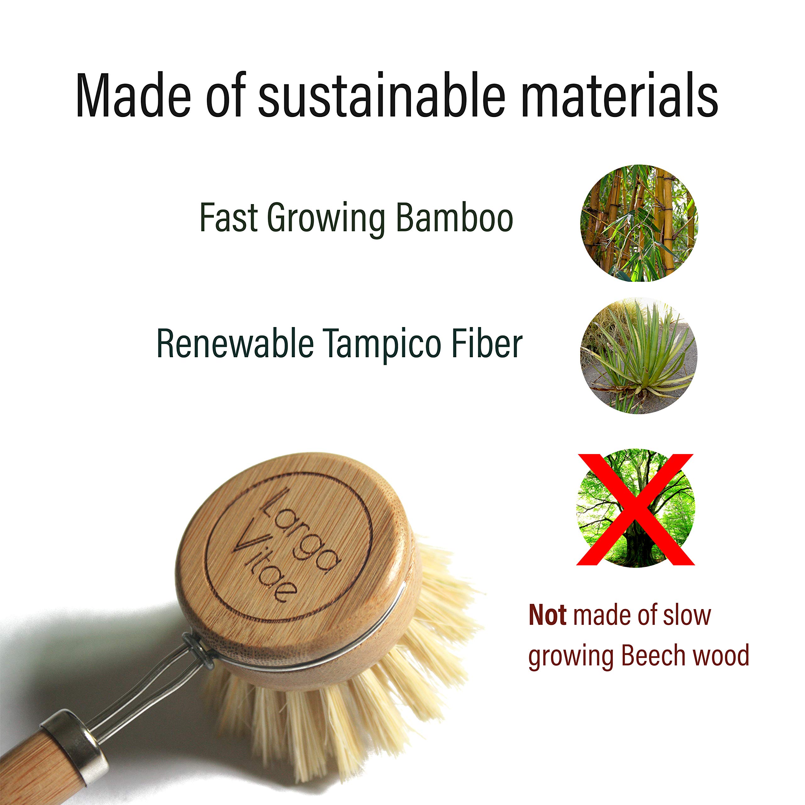 Larga Vitae Wooden Dish Brush Made of Renewable Bamboo Wood and Natural Bristle Tampico Fiber, includes 5 Replacement Brush Heads, Durable, Long Lasting, All Purpose Kitchen Scrubber