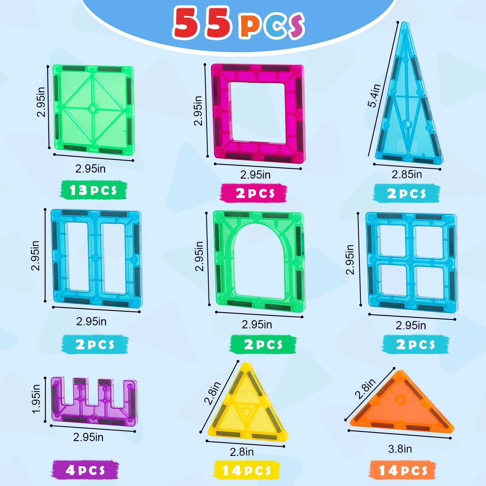Gemmicc Magnetic Tiles, Magnet Toys Building Blocks for Kids, STEM Approved Educational Toys, Magnet Puzzles Stacking Blocks for Boys Girls,55 PCS Starter Set