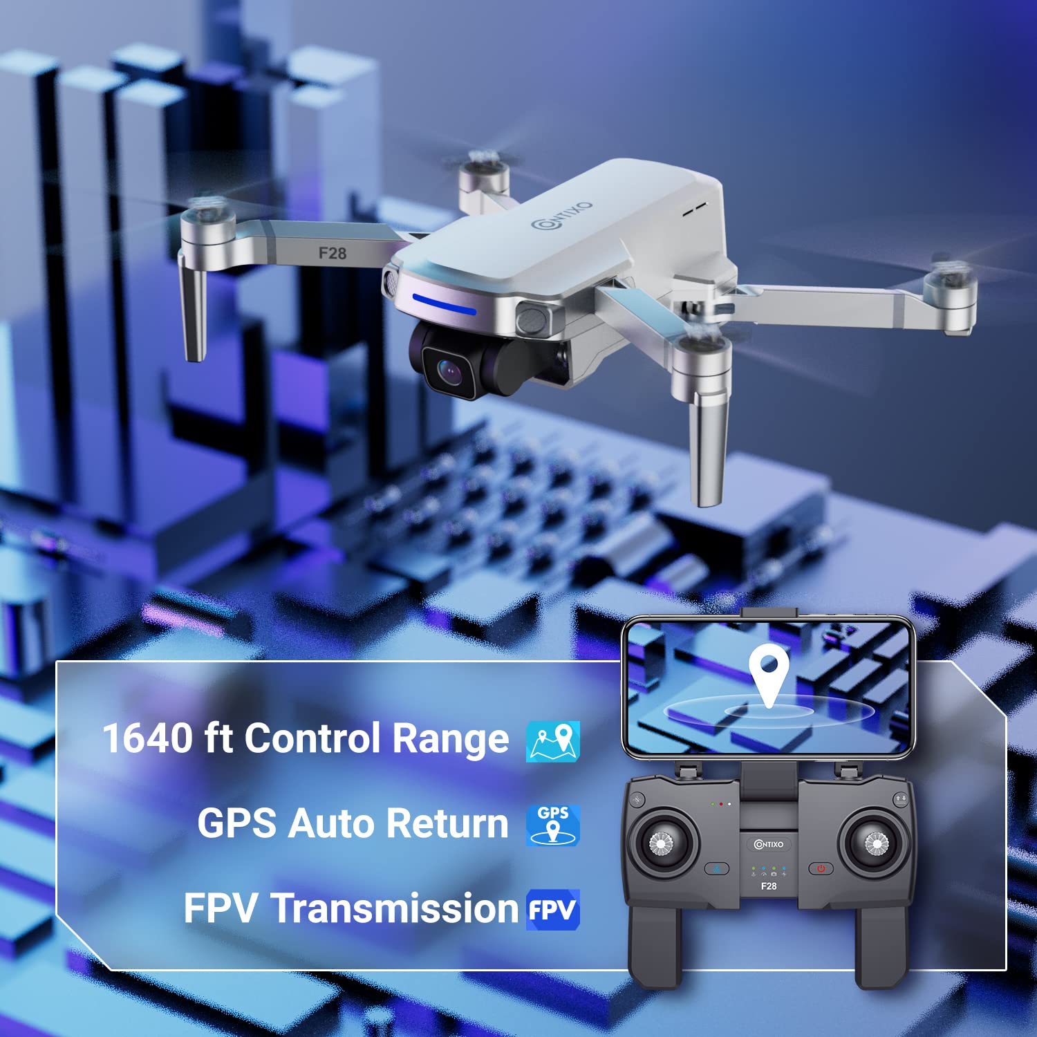 Contixo F28 Foldable GPS Drone - 2K FHD Camera GPS Control and Selfie Mode Follow Me, Way Point, & Orbit Mode Up to 60 Min Flight Time FPV Drone for Mobile With Carrying Case 64GB SD Card