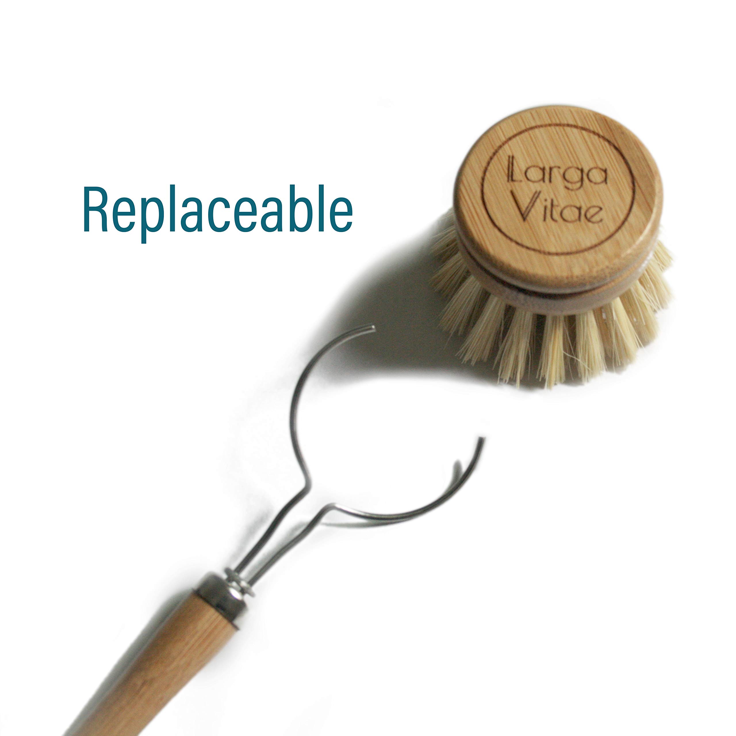 Larga Vitae Wooden Dish Brush Made of Renewable Bamboo Wood and Natural Bristle Tampico Fiber, includes 5 Replacement Brush Heads, Durable, Long Lasting, All Purpose Kitchen Scrubber