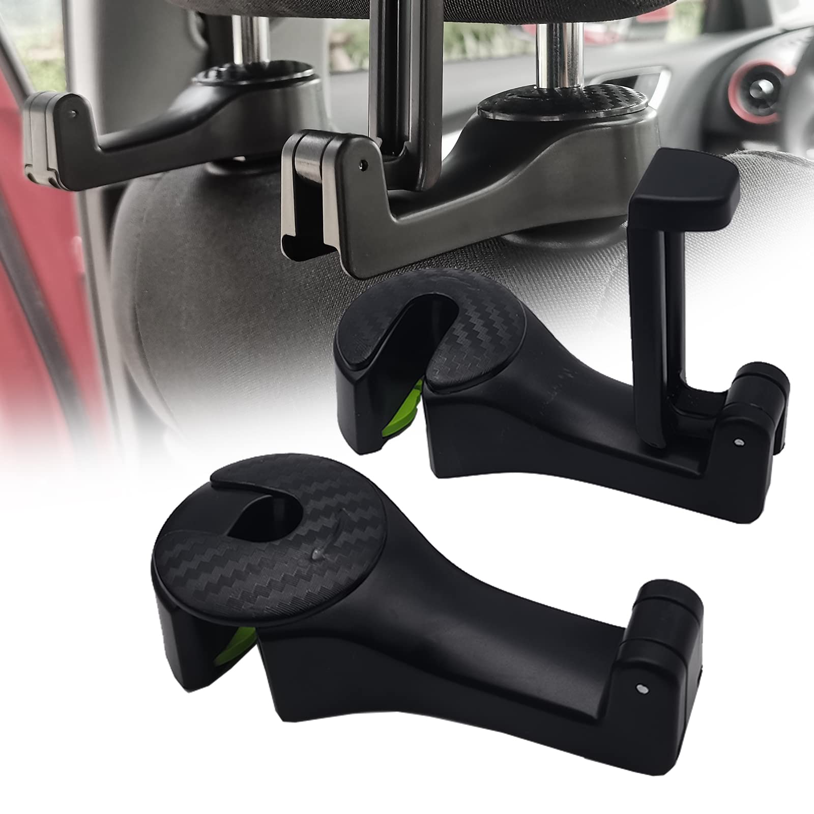 2 in 1 Car Seat Hooks,2PCS Multifunctional Car Seat Back Hooks with Mobile Phone Holder, Universal Car Seat Internal Accessories Hooks, for Phones, Bag, Umbrellas, Clothes (Carbon Black)