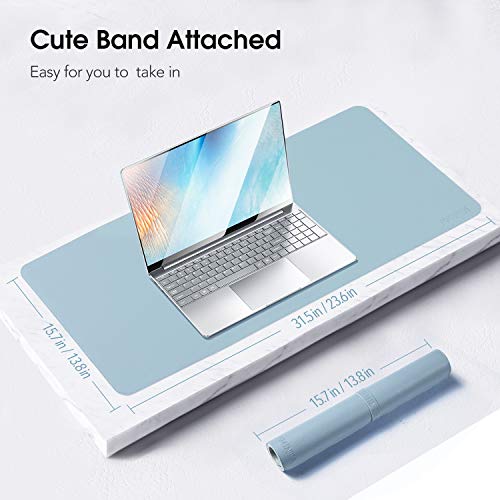 Dual-Sided Desk Pad Office Desk Mat, EMINTA Ultra Thin Waterproof PU Leather Mouse Pad Desk Blotter Protector, Desk Writing Mat for Office/Home (Light Blue/Silver, 31.5" x 15.7")