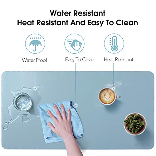 Dual-Sided Desk Pad Office Desk Mat, EMINTA Ultra Thin Waterproof PU Leather Mouse Pad Desk Blotter Protector, Desk Writing Mat for Office/Home (Light Blue/Silver, 31.5" x 15.7")