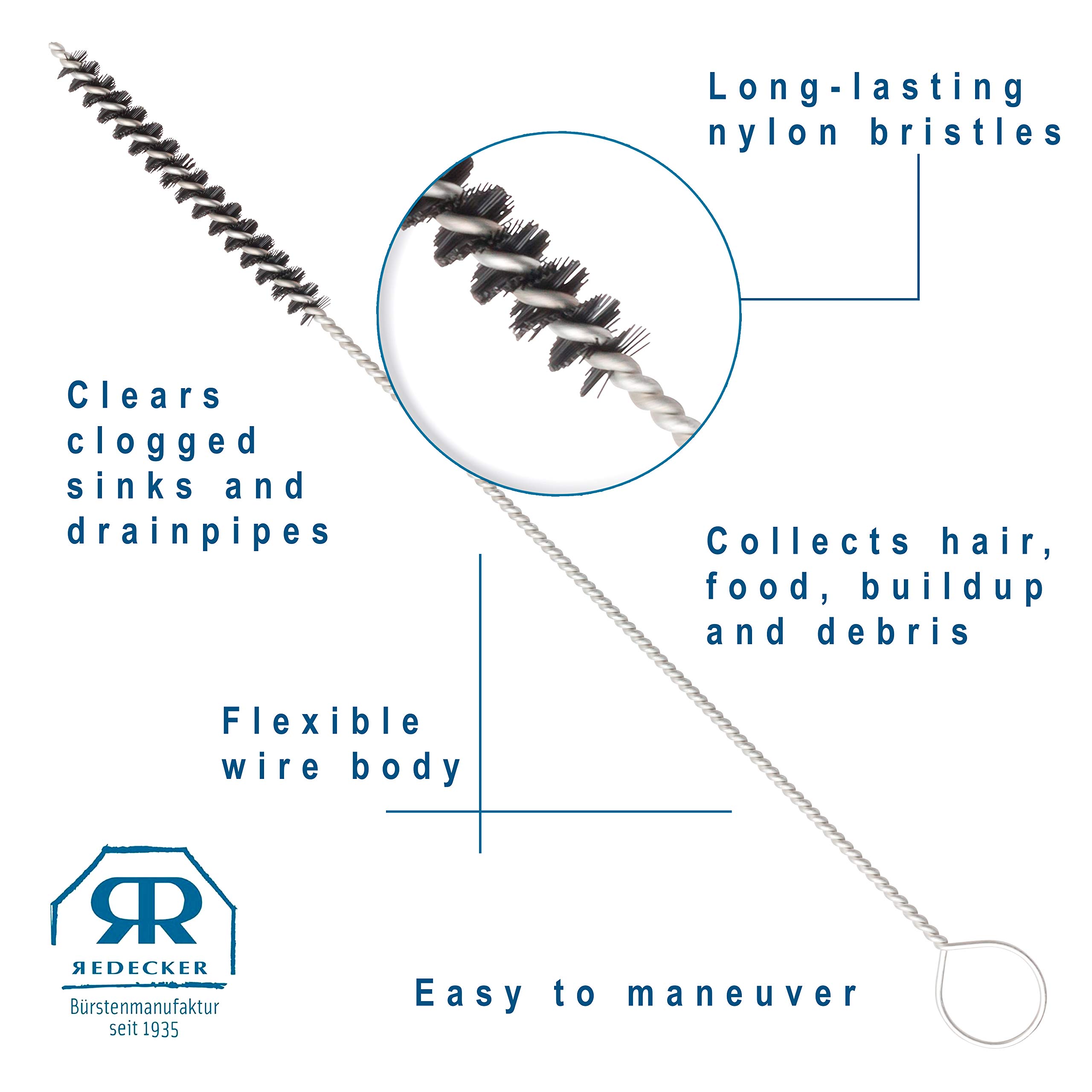 Redecker Nylon Hair Gripping Brush, 11 inches, Sturdy Wire Handle, Removes Hair from Sinks and Drain Pipes, Hanging Loop for Storage, Made in Germany