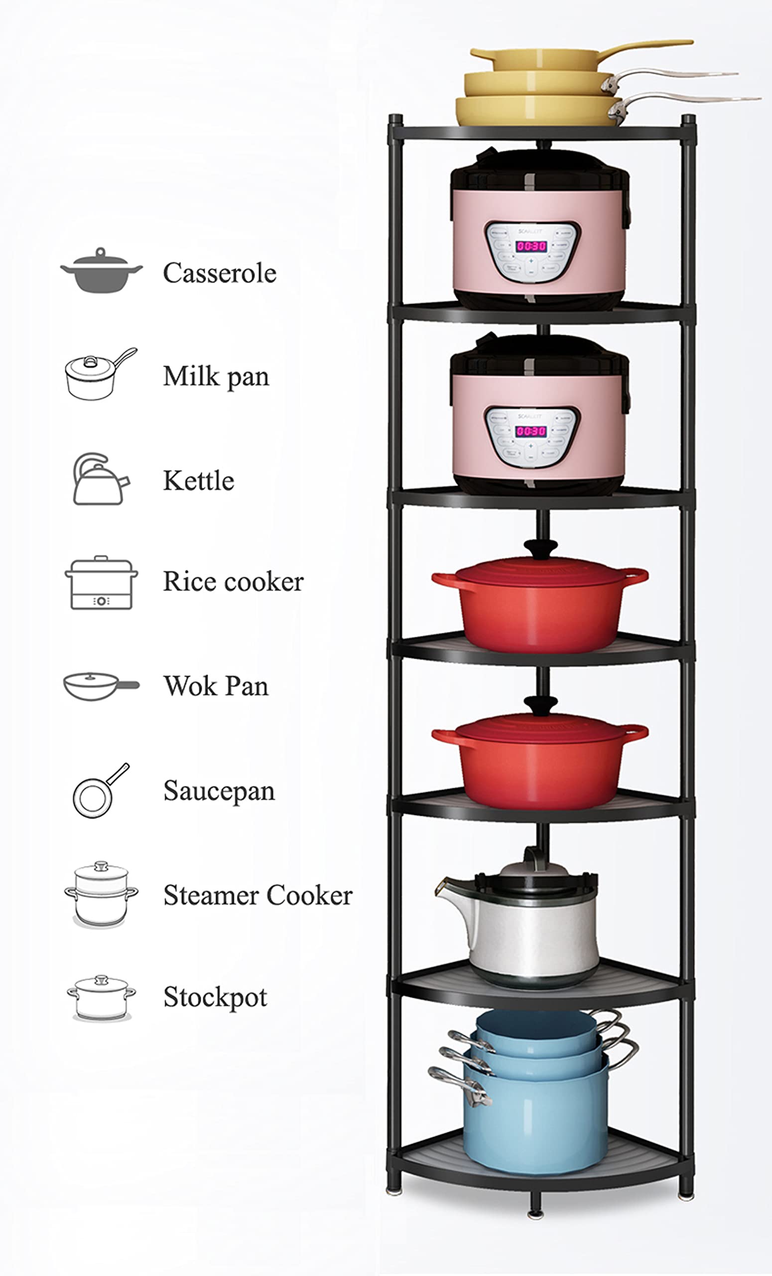 7-Tier Kitchen Pot Rack, Cookware Stand Storage Organizer ,Multi-Layer Corner Shelf Stand Stainless Steel Shelves for Kitchen