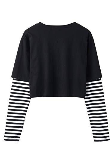SweatyRocks Women's Color Block Butterfly Print Striped Long Sleeve Crop Top T Shirt Floral Black White S