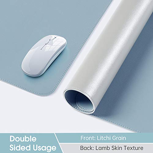 Dual-Sided Desk Pad Office Desk Mat, EMINTA Ultra Thin Waterproof PU Leather Mouse Pad Desk Blotter Protector, Desk Writing Mat for Office/Home (Light Blue/Silver, 31.5" x 15.7")