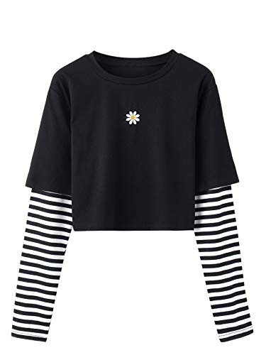 SweatyRocks Women's Color Block Butterfly Print Striped Long Sleeve Crop Top T Shirt Floral Black White S