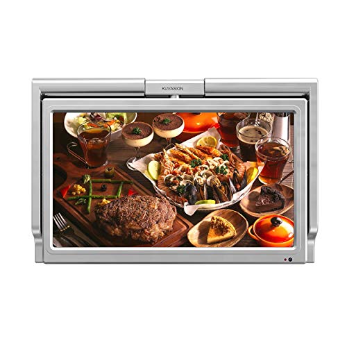 KUVASION 15.6 Inches Flip Down Kitchen TV, Under Cabinet Kitchen TV, FHD Screen, Glossy Silver Grey, Built-in ATSC+NTSC Tuner, HDMIx2, USB