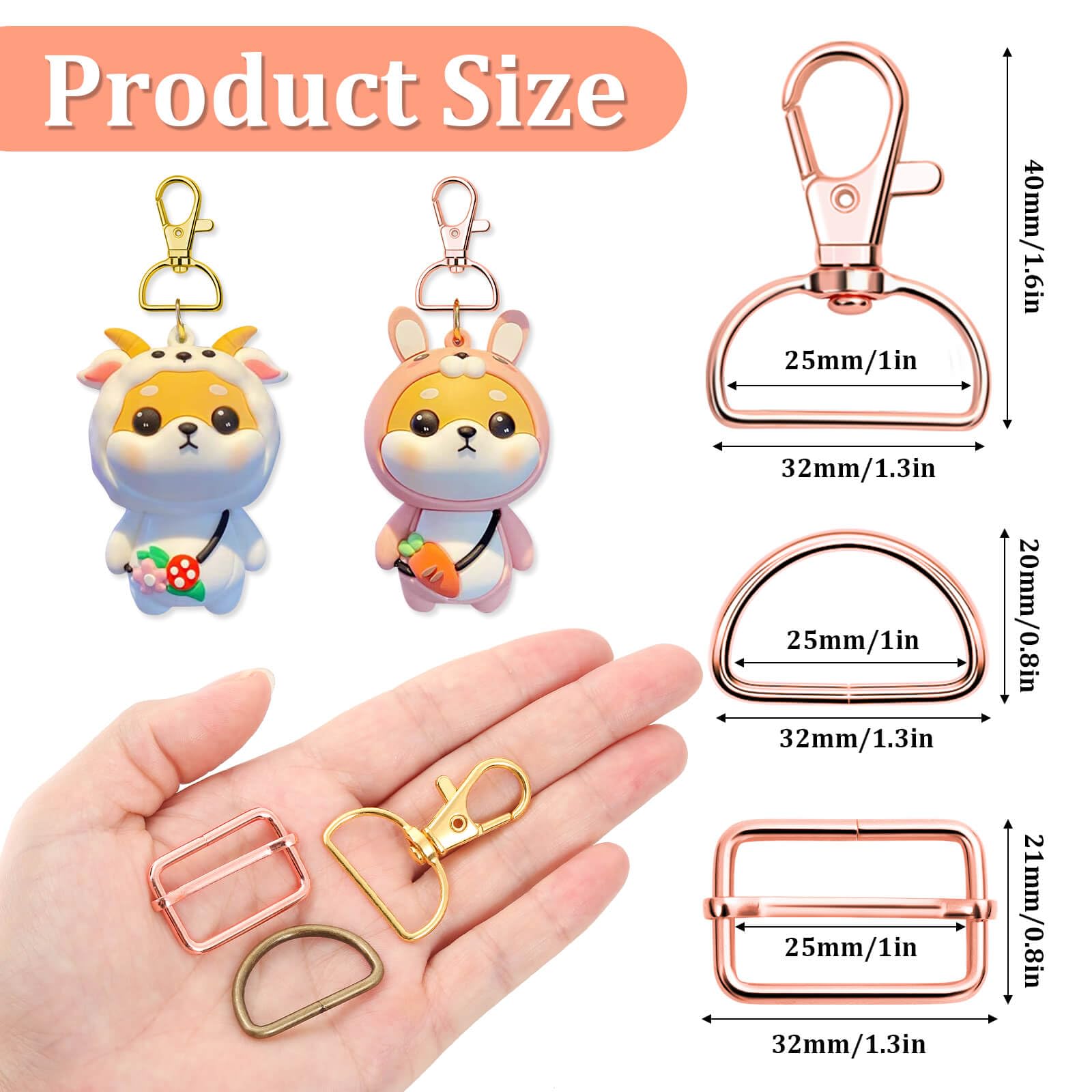Paxcoo Keychain Bulk with Key Chain Swivel Hook D Rings and Slide Buckles for Handbag Purse Hardware Craft (1 Inch)