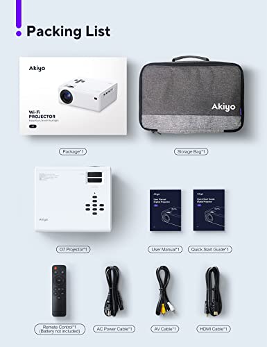 Native 1080P WiFi Projector, AKIYO 300'' Max iOS & Android Wireless Connection Phone Projector, Portable Video Home Outdoor Movie Projector, Support HDMI, TV Stick, USB, PS5, Carrying Case Included
