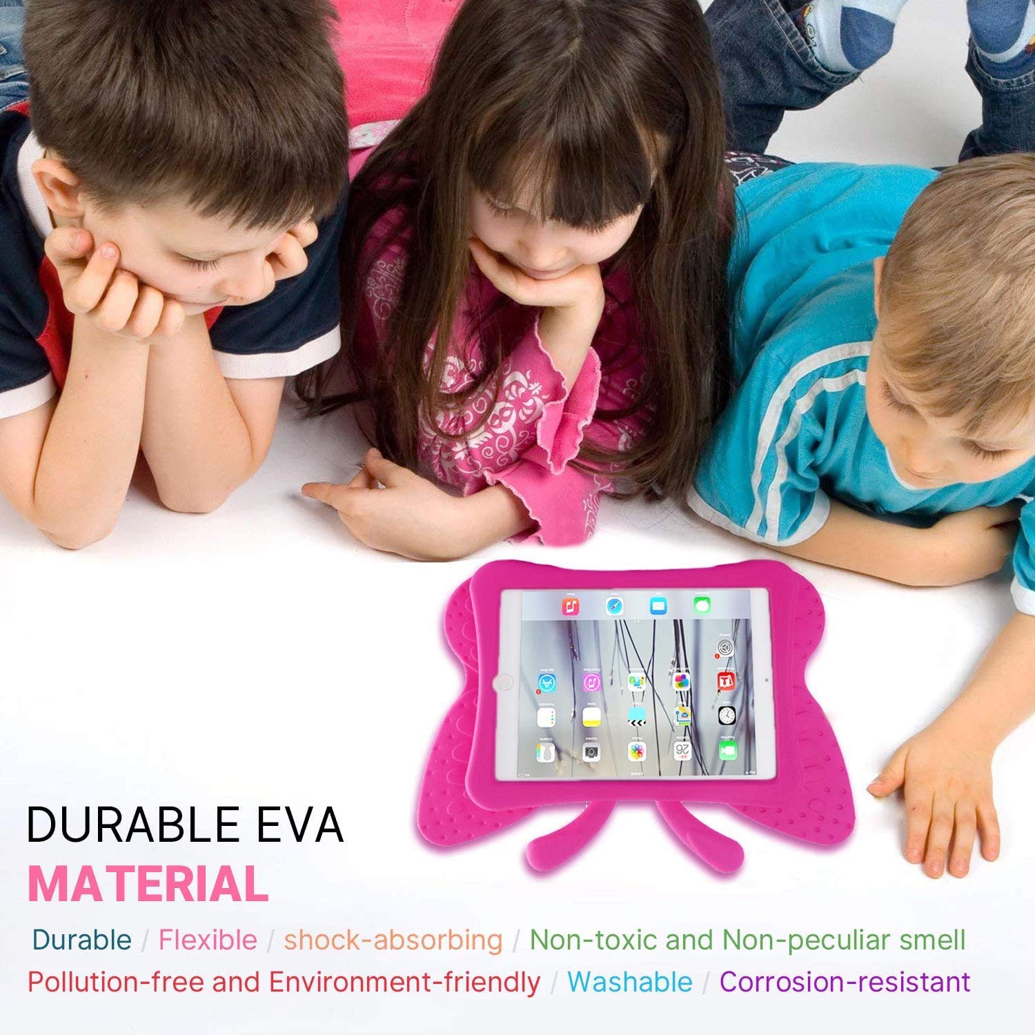 Feiten for iPad Kids case, 3D Cartoon Butterfly Non-Toxic EVA Light Weight Kid Proof Shockproof case with Kickstand for ipad 5/ ipad 6 /ipad pro 9.7/ New iPad 2017 case (Rose)
