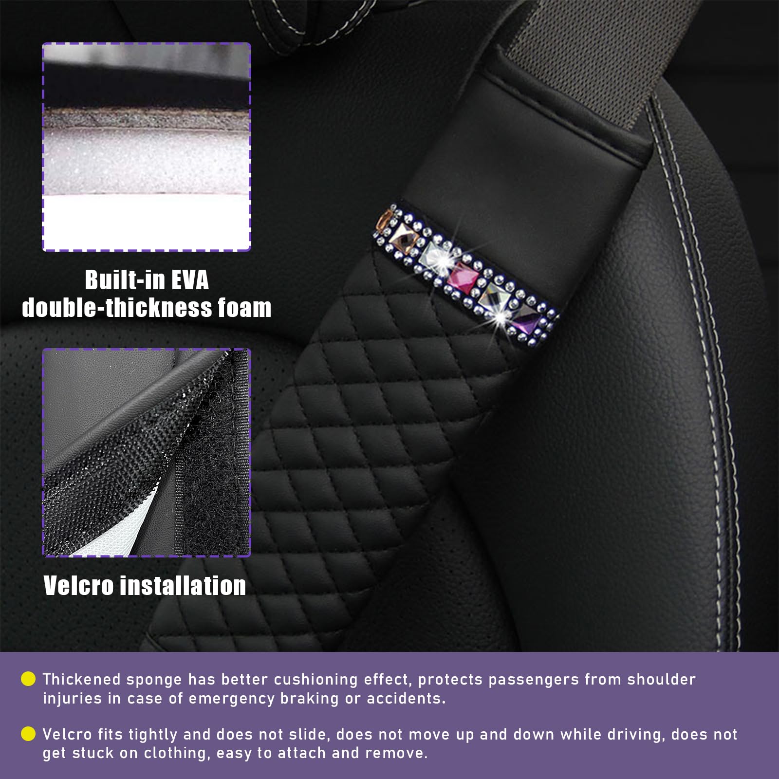 Ziciner 2PCS Leather Seat Belt Cover, Sparkling Rhinestone Seat Belt Covers for Women, Soft Harness Pads Strap Helps Protect Your Neck & Shoulder, Auto Interior Accessories for Adult Kid (Black)