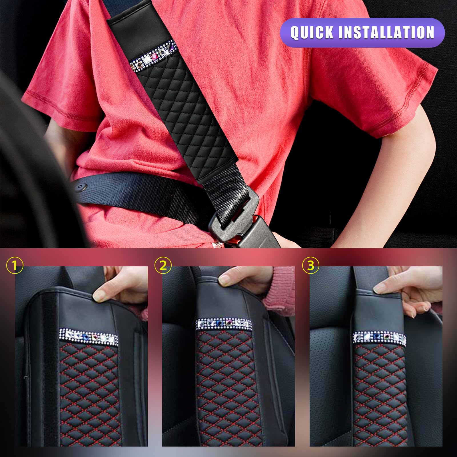Ziciner 2PCS Leather Seat Belt Cover, Sparkling Rhinestone Seat Belt Covers for Women, Soft Harness Pads Strap Helps Protect Your Neck & Shoulder, Auto Interior Accessories for Adult Kid (Black)